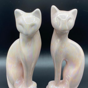 Vintage Pair of Pale Pink Ceramic Cat Statue 10” High Iridescent Pink ...