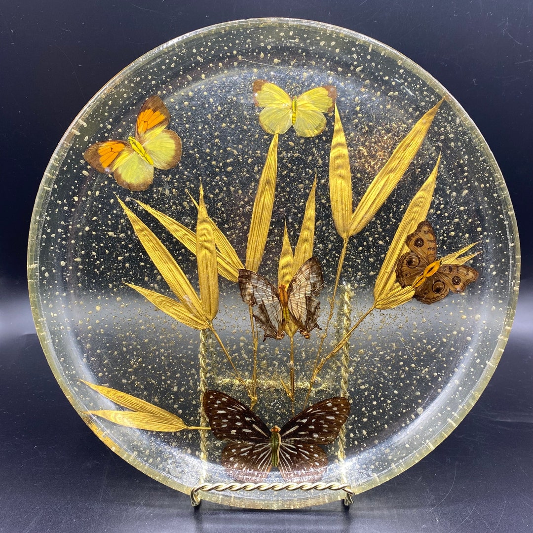 Vintage Pressed Flowers Lucite Round Serving Tray, Handmade Dried ...