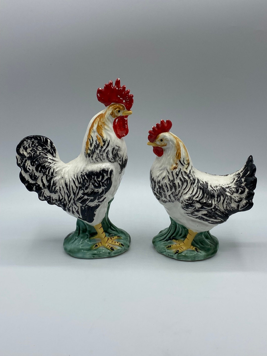 Vintage Lefton Rooster and Hen With Black and White Tiger Feather - Etsy