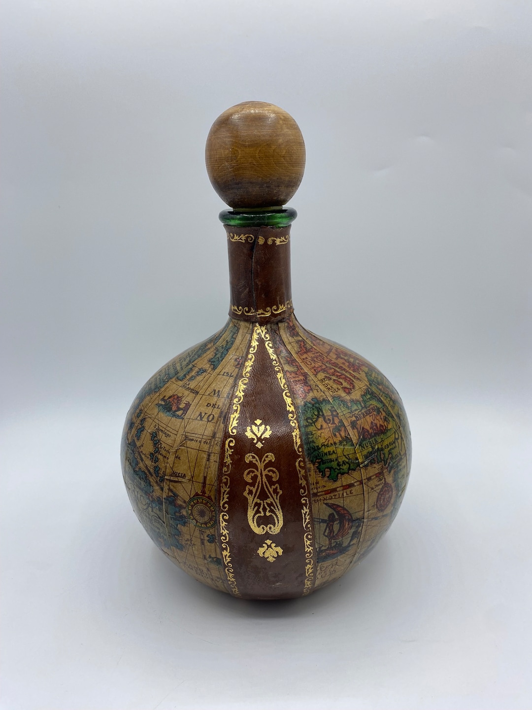 Vintage Leather Wrapped Bottle With Green Lion Head Liqour Decanter ...