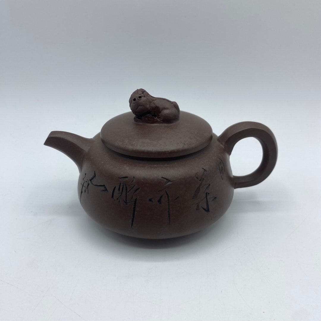 Vintage Chinese Yixing Purple Clay Teapot Zisha Ceramic Carving Foo Dog ...