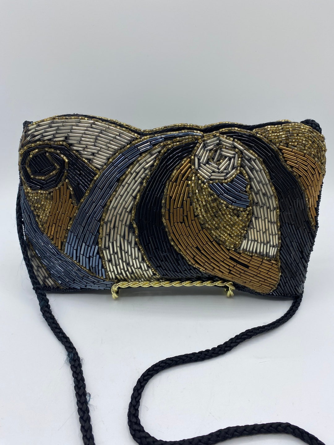 Elegant Midcentury Gray Silver and Gold Beaded Vintage Evening Bag by ...