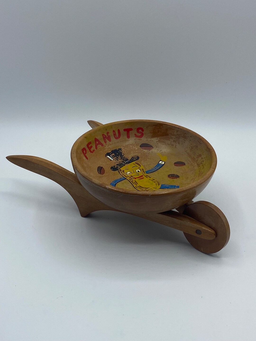 Vintage Peanuts Mr. Peanut Wheel Barrel Bowl Advertising Folk Art Wood ...