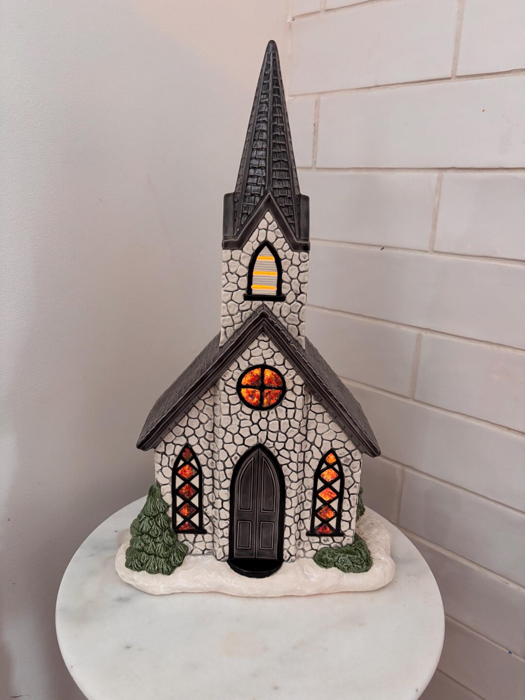 Vintage Ceramic Church With Steeple and Stainglass Windows Light and ...