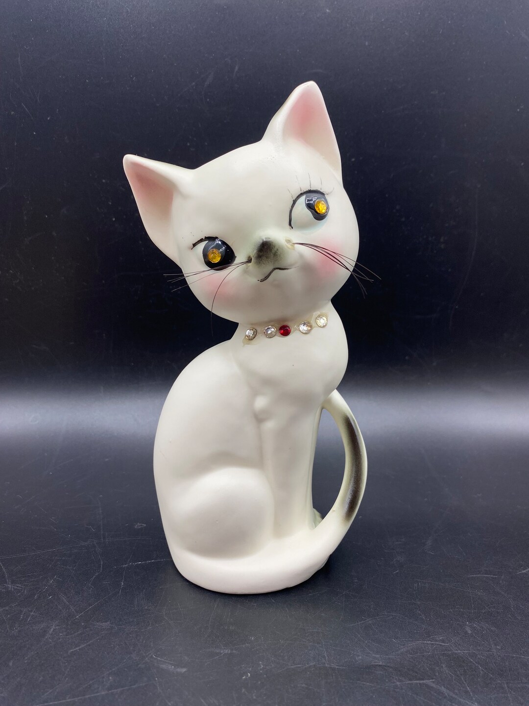 Vintage RARE Kitschy Cute White Siamese Cat With Yellow Rhinestone Eyes ...