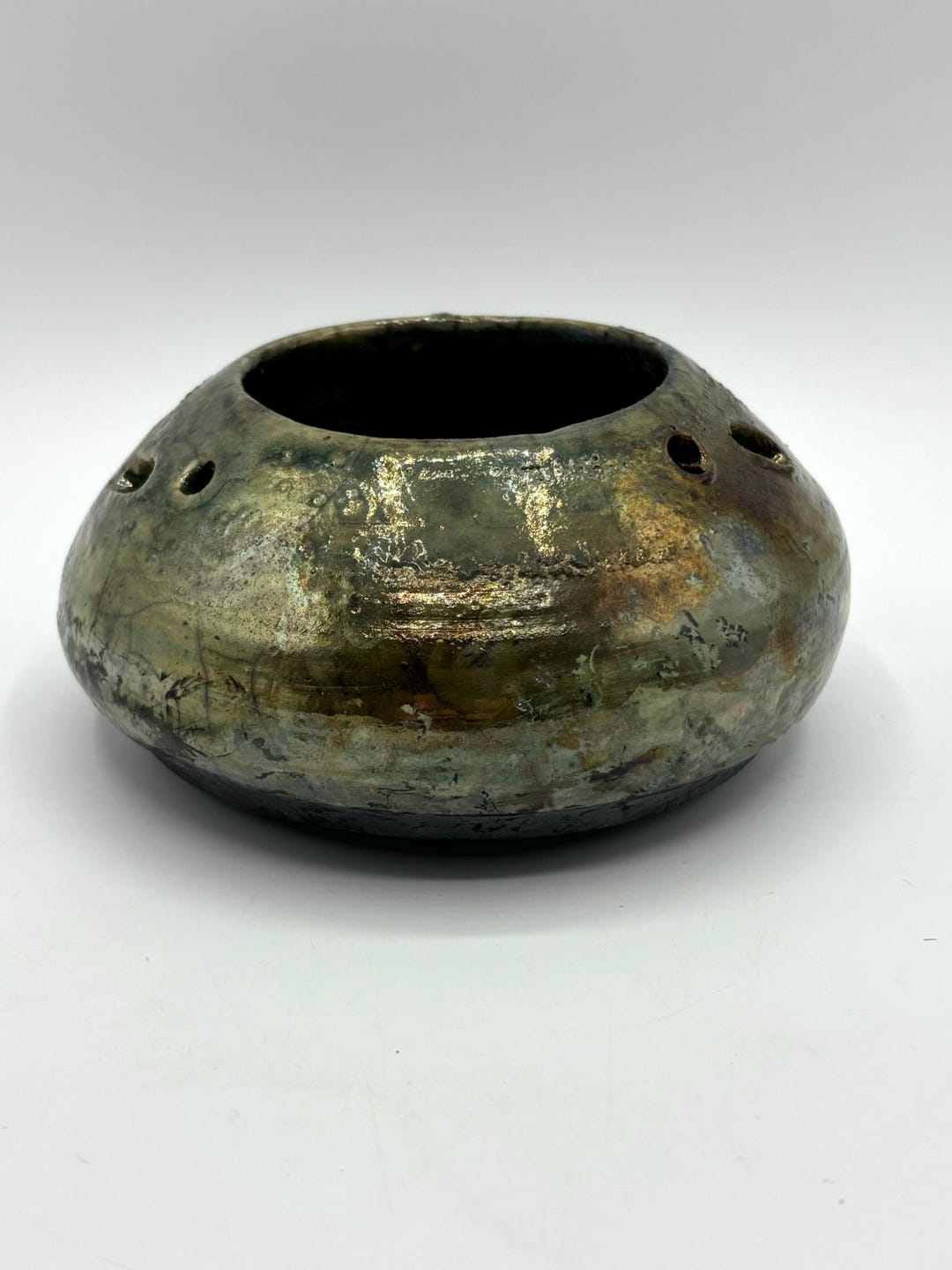 Vintage Metallic Raku Art Squat Pottery Tealight Candle Holder, Raku ...