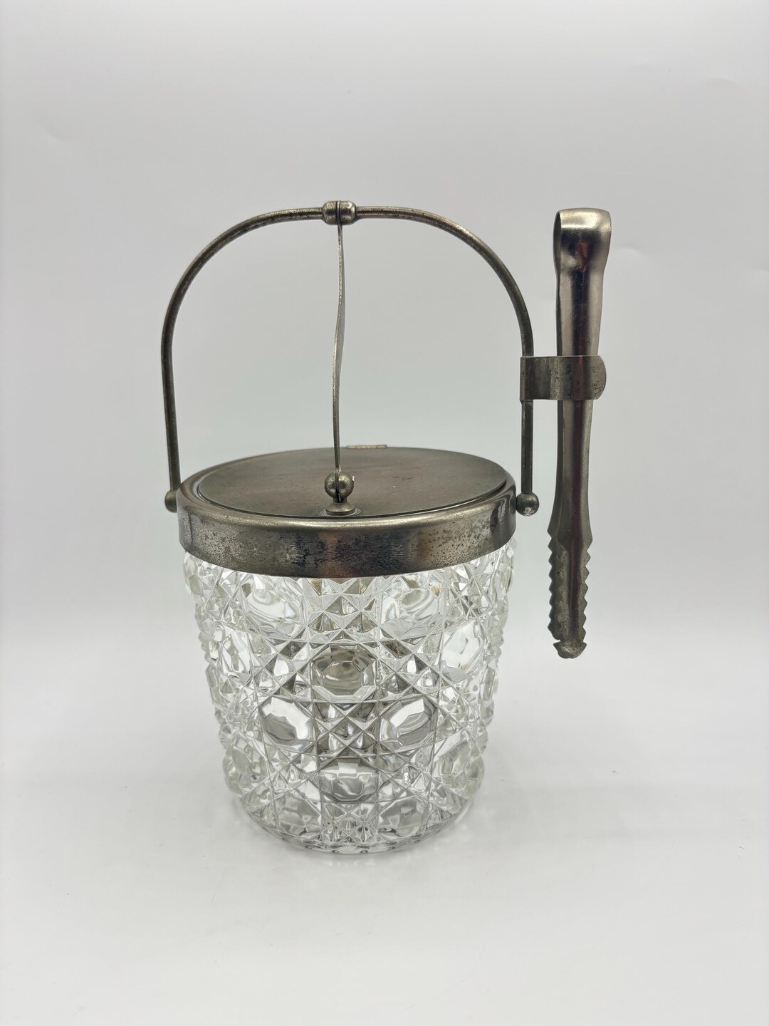Vintage Mid Century Cut Glass Ice Bucket With Hinged Lid and Ice Tongs ...