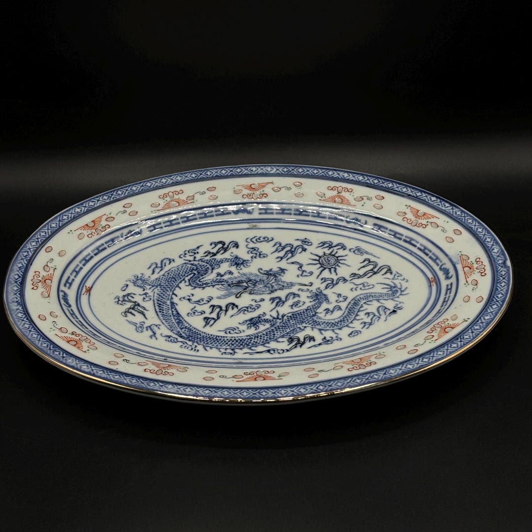 Vintage Tienshan Red & White With Blue Dragon Rice Pattern Chinese ...