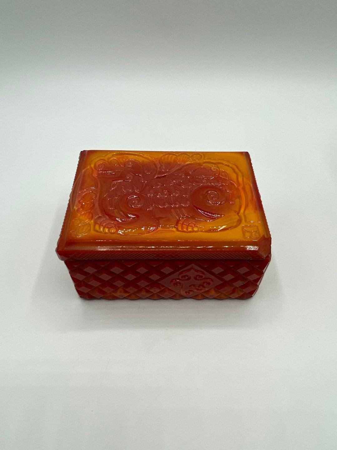 Rare Oriental Red Orange Carved Slag Glass Chinese Trinket Lidded Dish ...