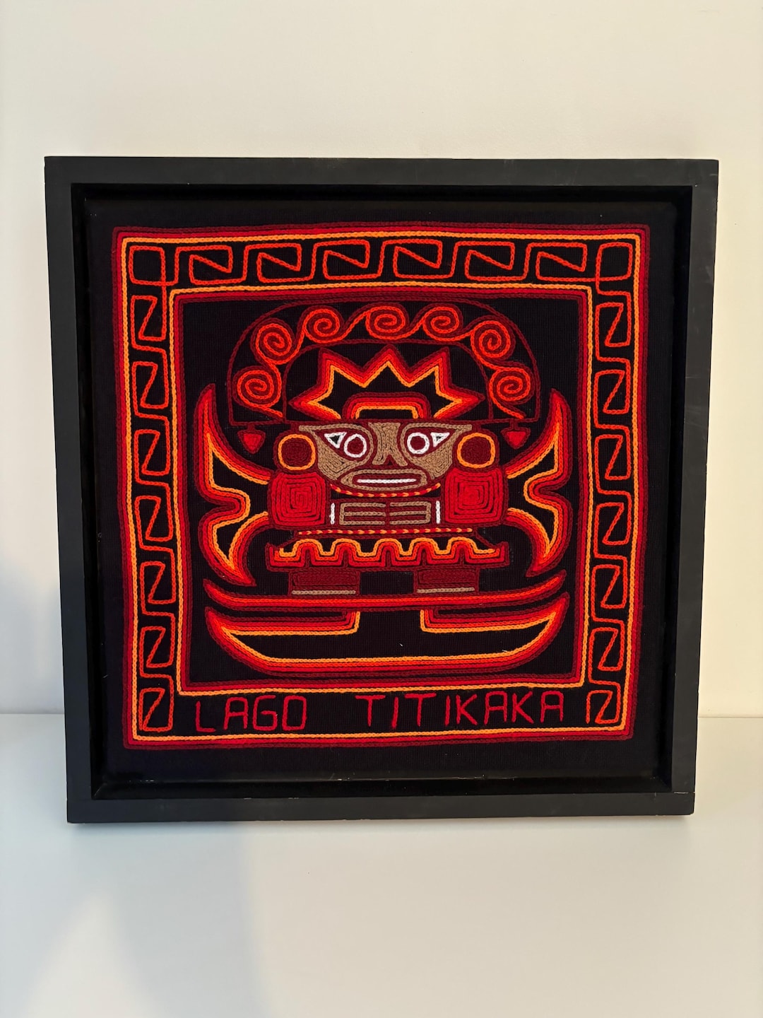 Vintage Peruvian Inca God Embrodiery Red and Black Framed Textile Wall ...