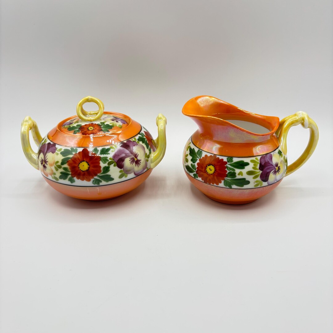 Vintage Lustreware Creamer and Sugar Set: Handpainted Floral Caddy - Etsy