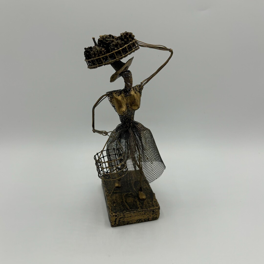 Vintage MCM Modernist Art Wire Sculpture Lady Carrying Fruit Basket ...