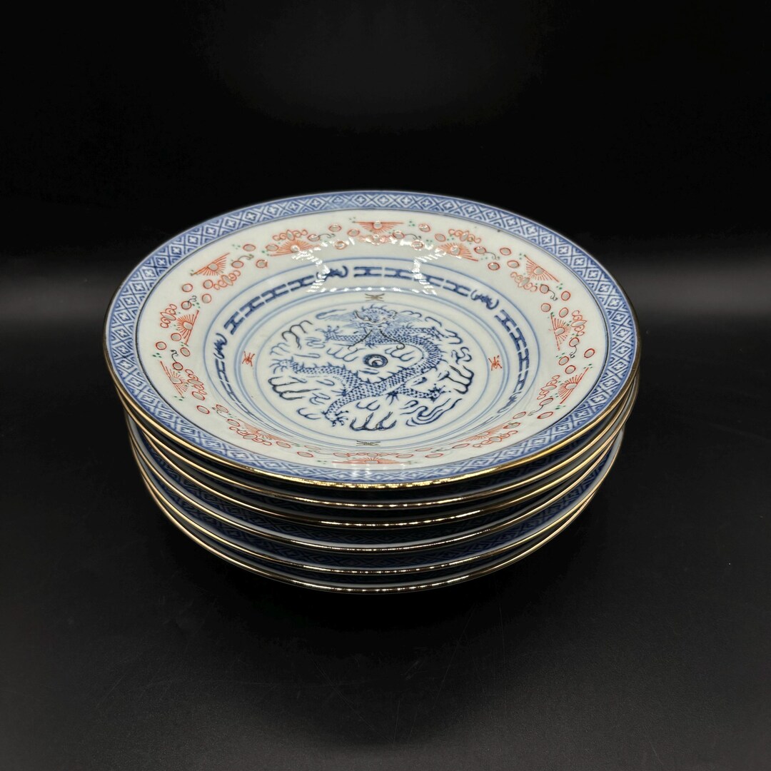 Vintage Tienshan Red & White Flower With Blue Dragon Rice Pattern ...
