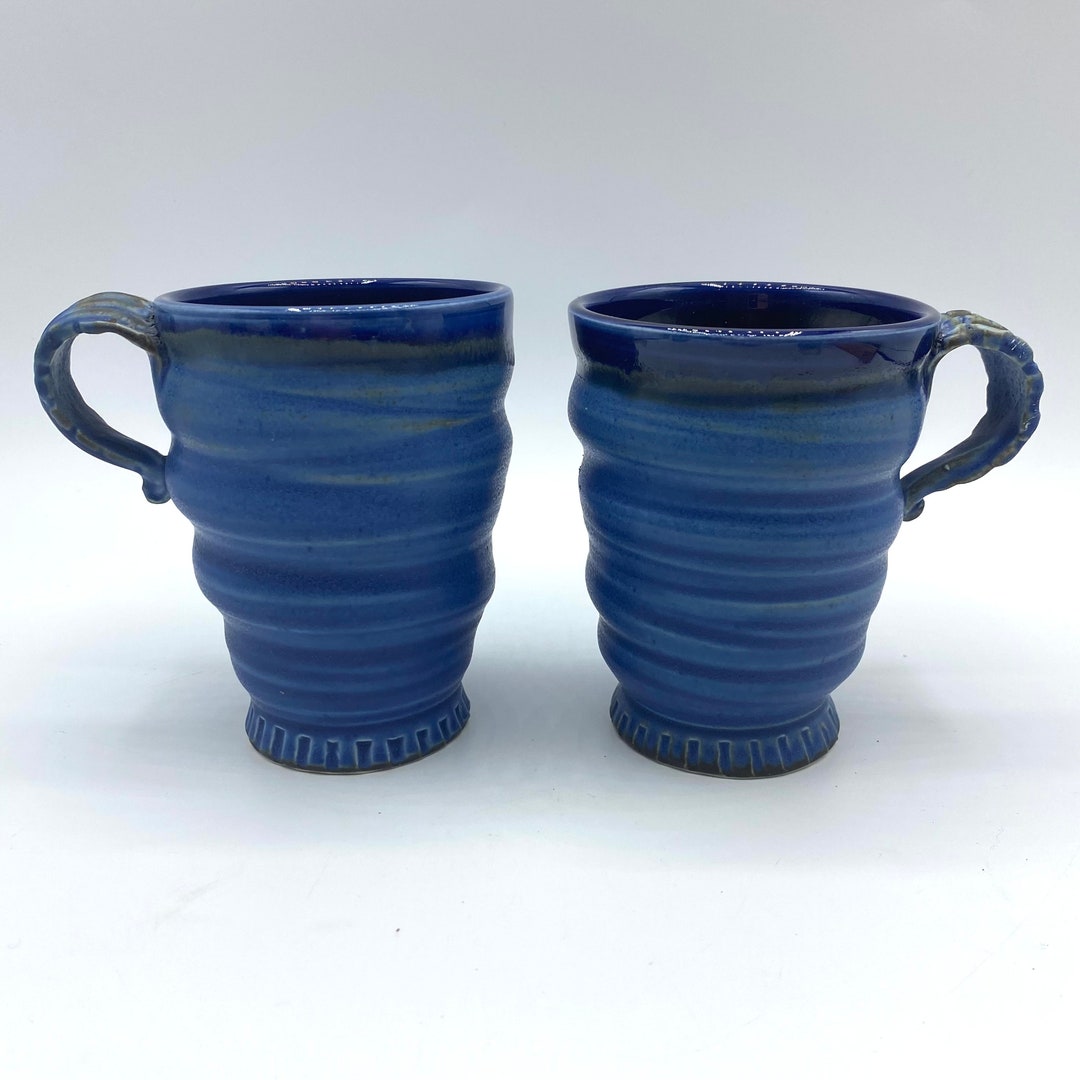 Vintage Cobalt Blue Wavy Pottery Mug Set by Sarah Firth Macmillan - Etsy