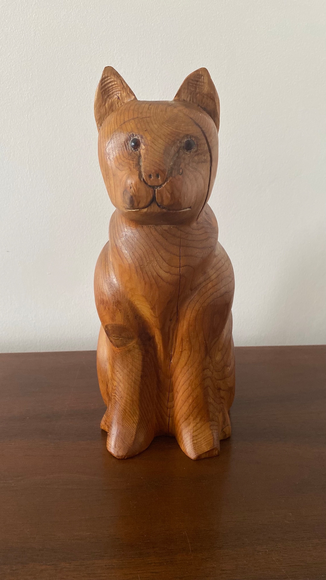 Vintage Folk Art Hand Carved Cat Wood Sculpture, Carved Cat Statue ...