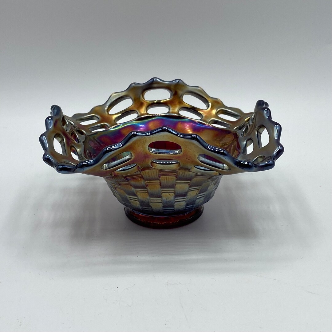 Fenton Carnival Glass Basket Weave Open Lace Edge Bonbon Candy Dish ...
