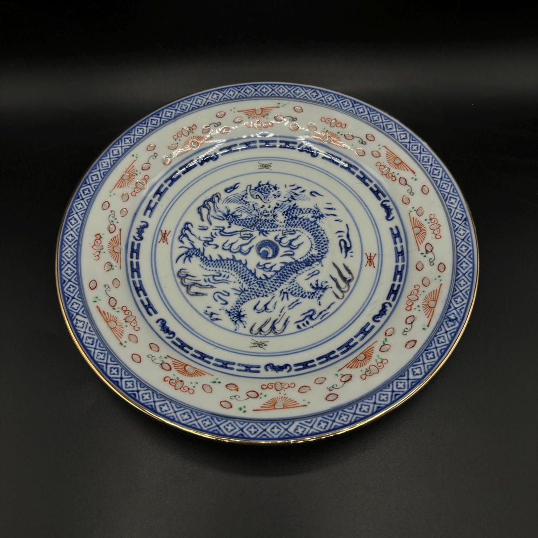 Vintage Tienshan Red & White Flower With Blue Dragon Rice Pattern ...