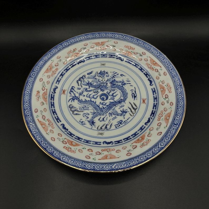 Vintage Tienshan Red & White Flower With Blue Dragon Rice Pattern ...