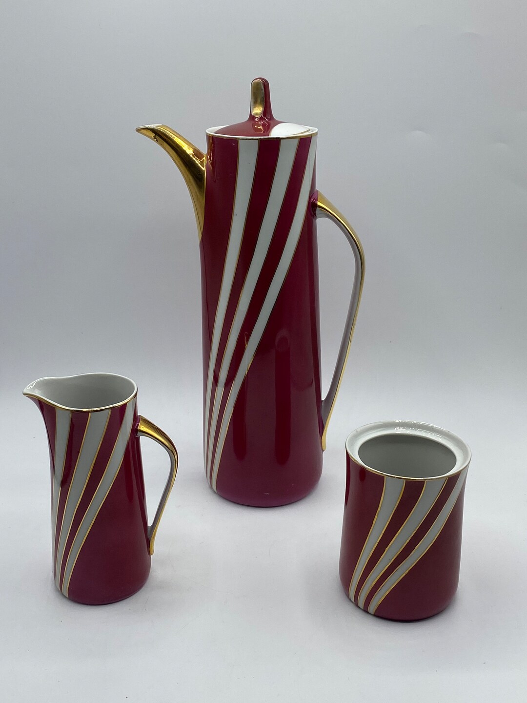 Midcentury Pink White Stripe Porcelain Coffee Pot Set by Wincenty ...