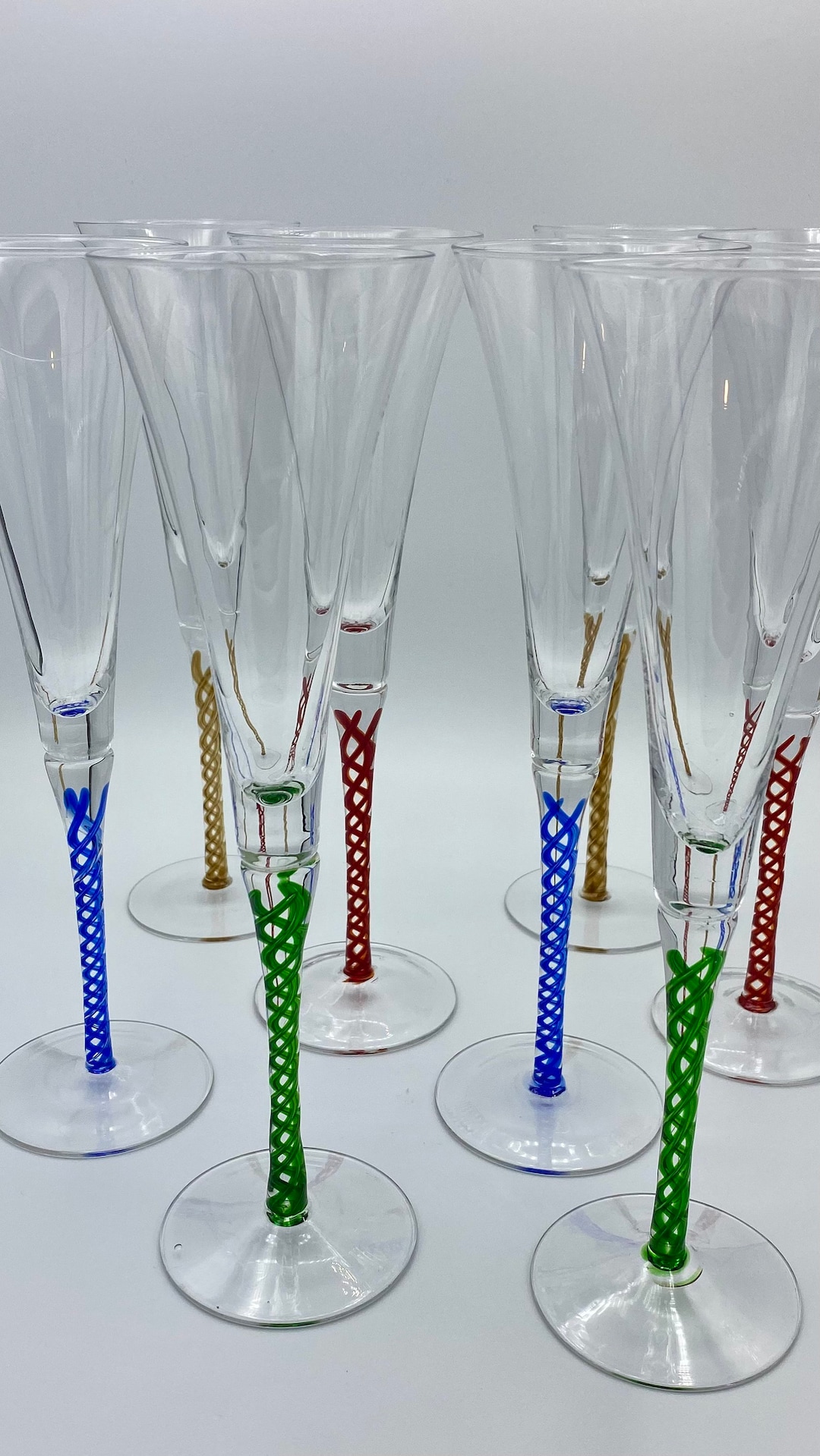 Colourful Blown Glass Champagne Flutes With Coloured Swirl Twisted Stem ...