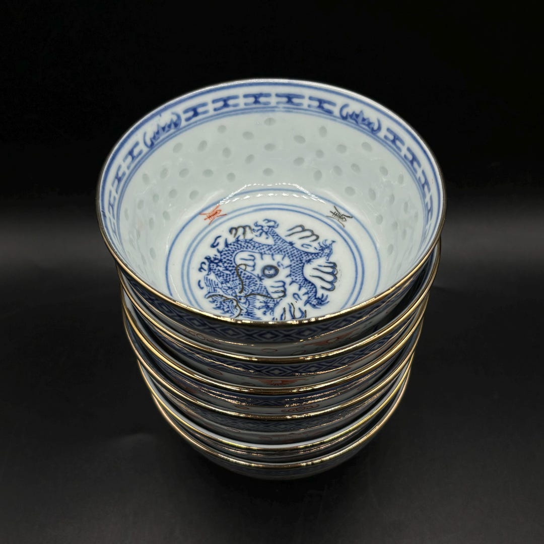 Vintage Tienshan Red & White Flower With Blue Dragon Rice Pattern ...