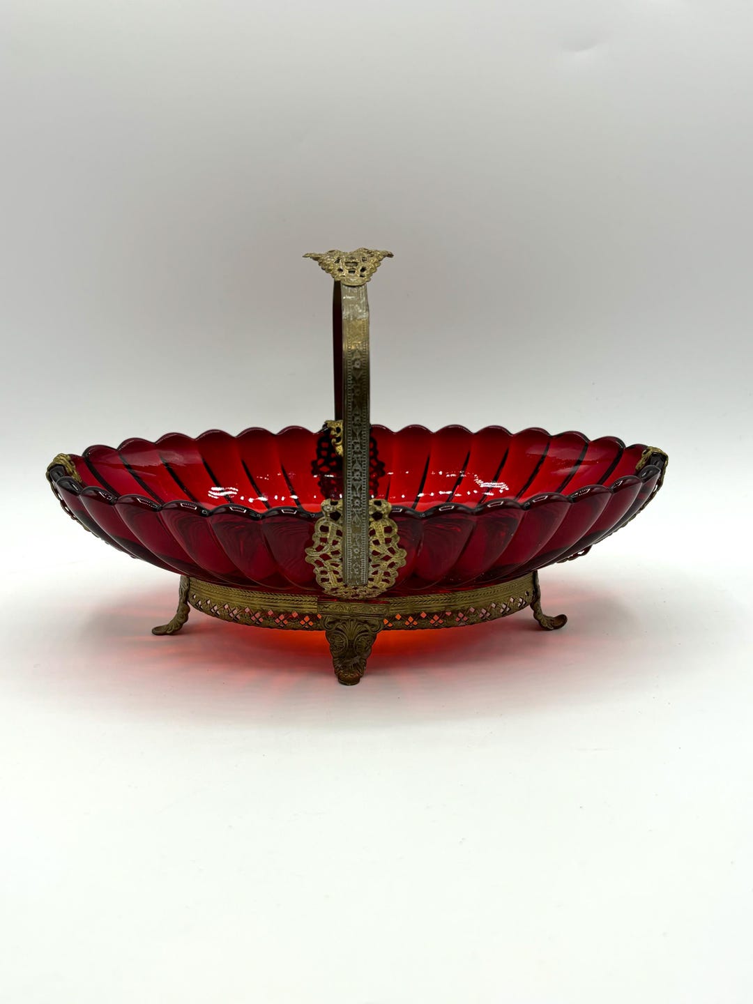 Antique Imperial Glass Ruby Red Glass Footed Bridle Basket With Gold ...