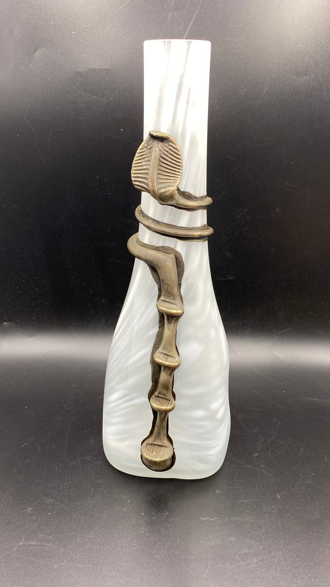 Art Deco Filip Ravert Vase: Romanian White Mottled Glass With Bronze ...