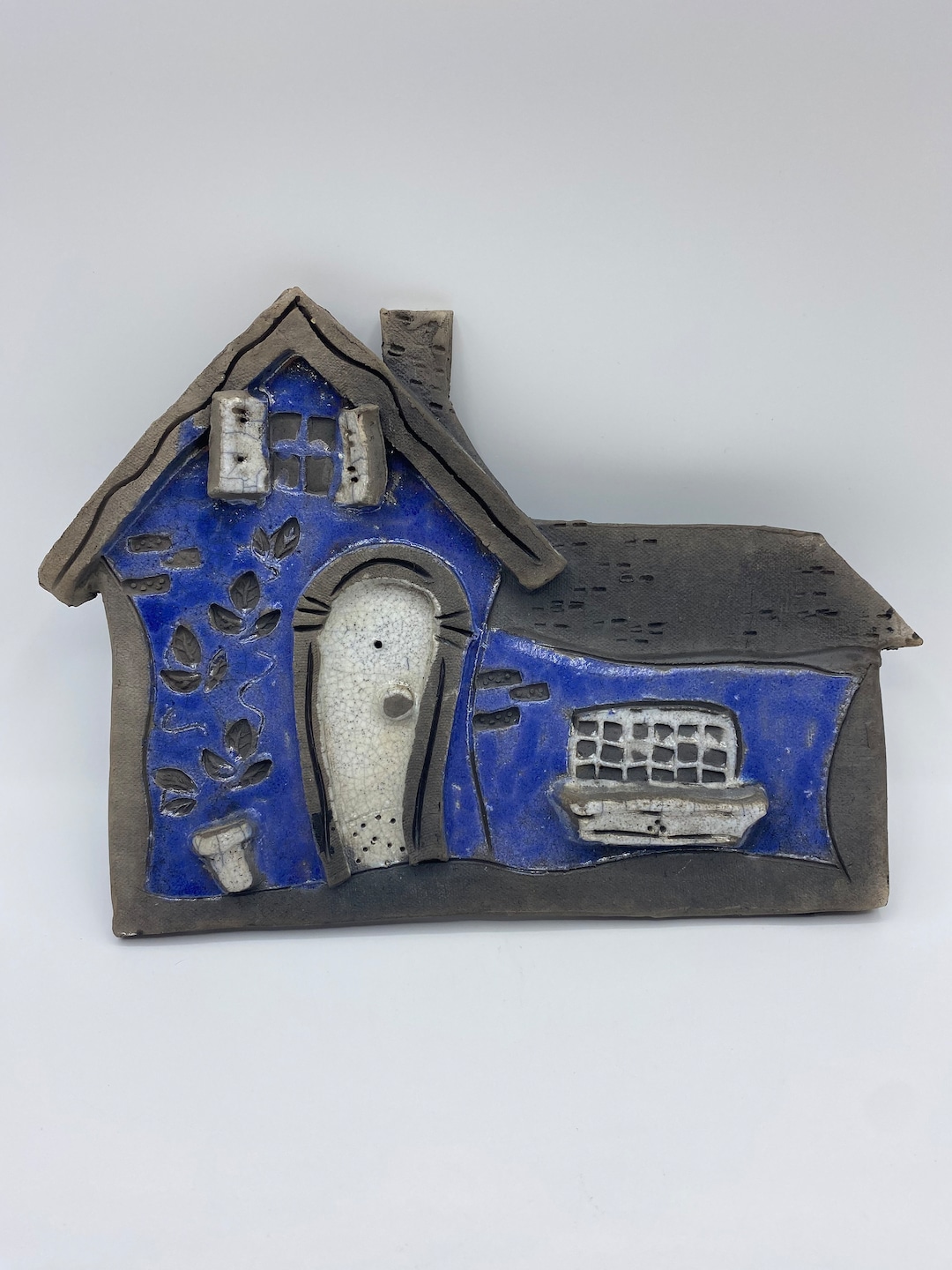 Vintage Raku Blue Whimsical House Pottery Wall Plaque Decor Pottery ...