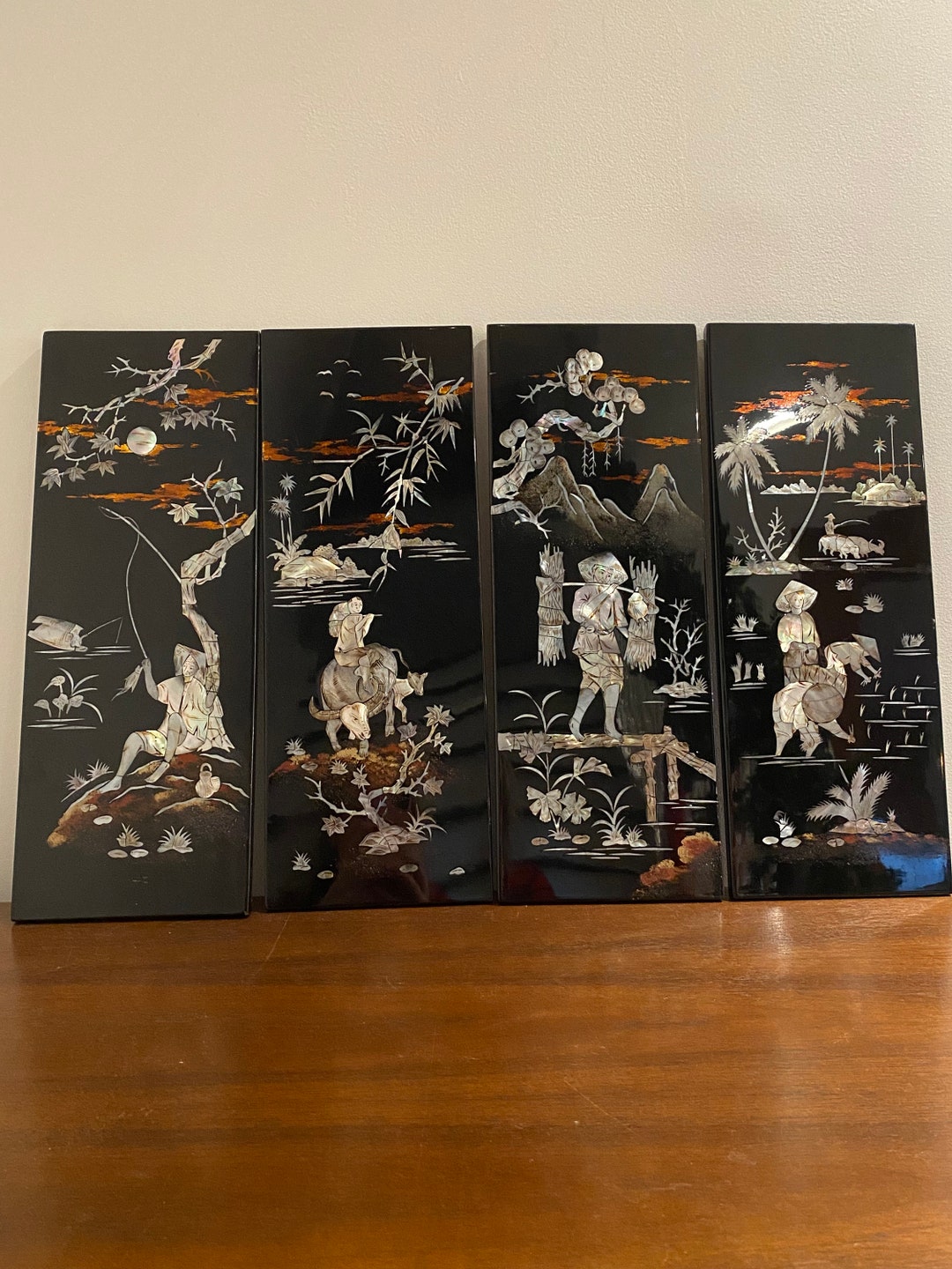 Set of 4 Vietnamese Mother of Pearl Inlay Lacquer Art Panels Beautiful ...