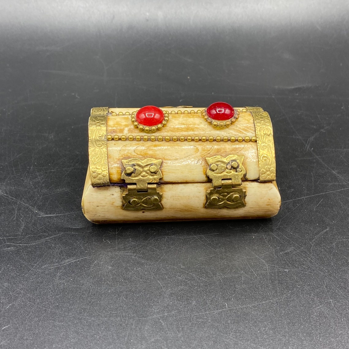Vintage Handmade Camel Bone Trinket Box With Red Gems Brass Latch and ...