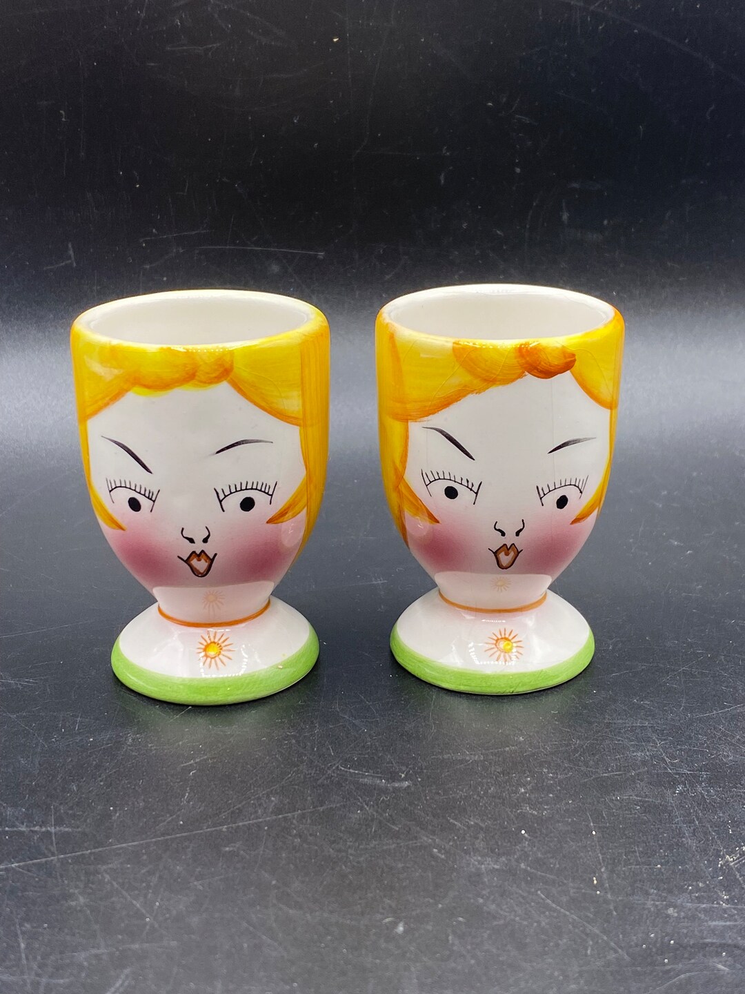 Vintage Hand Painted Lady Face Flapper Girl Ceramic Egg Cup Holder, Kitsch MCM Lady Face Egg ...