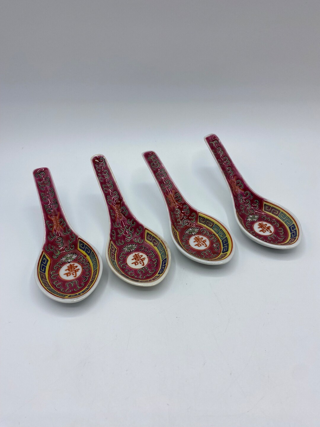 Chinese Coral Red Mun Shou Longevity Pattern Soup Ladle Spoons Set of 4 ...