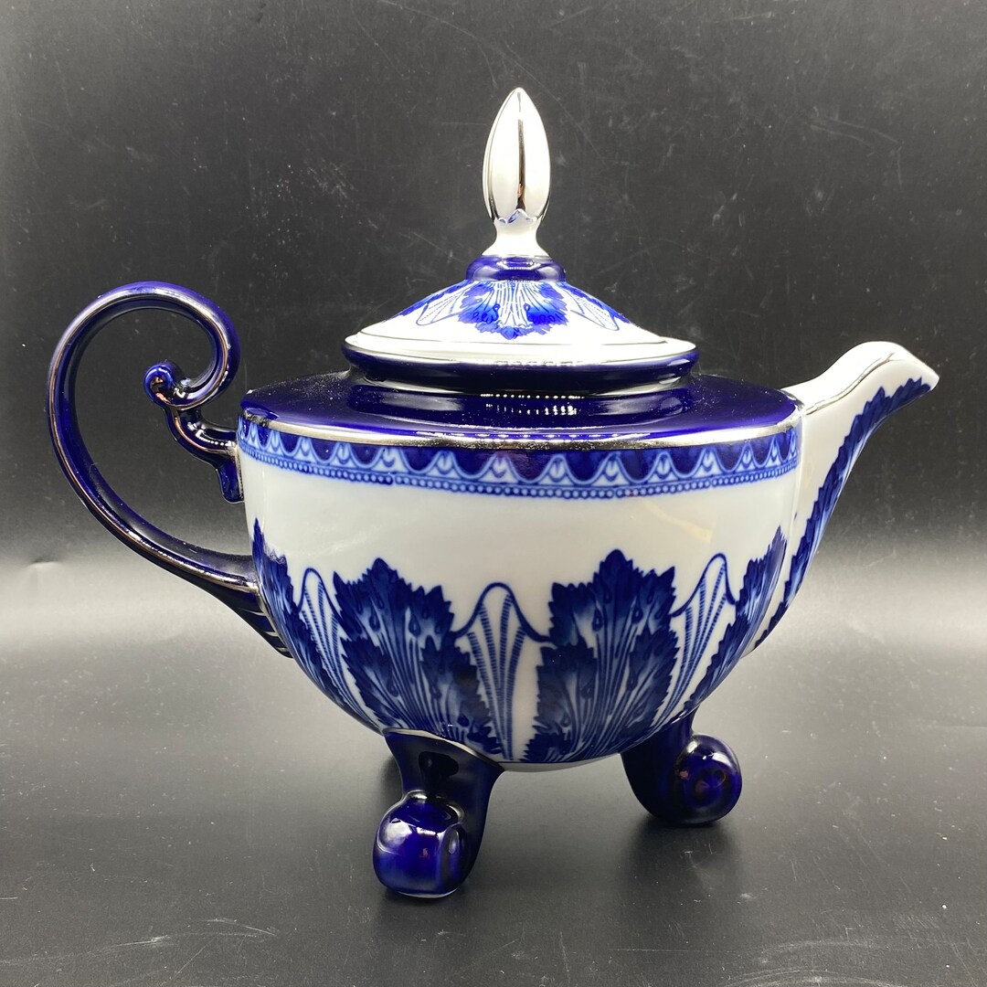 Bombay Cobalt Blue & White Footed Teapot With Platinum Trim Details ...