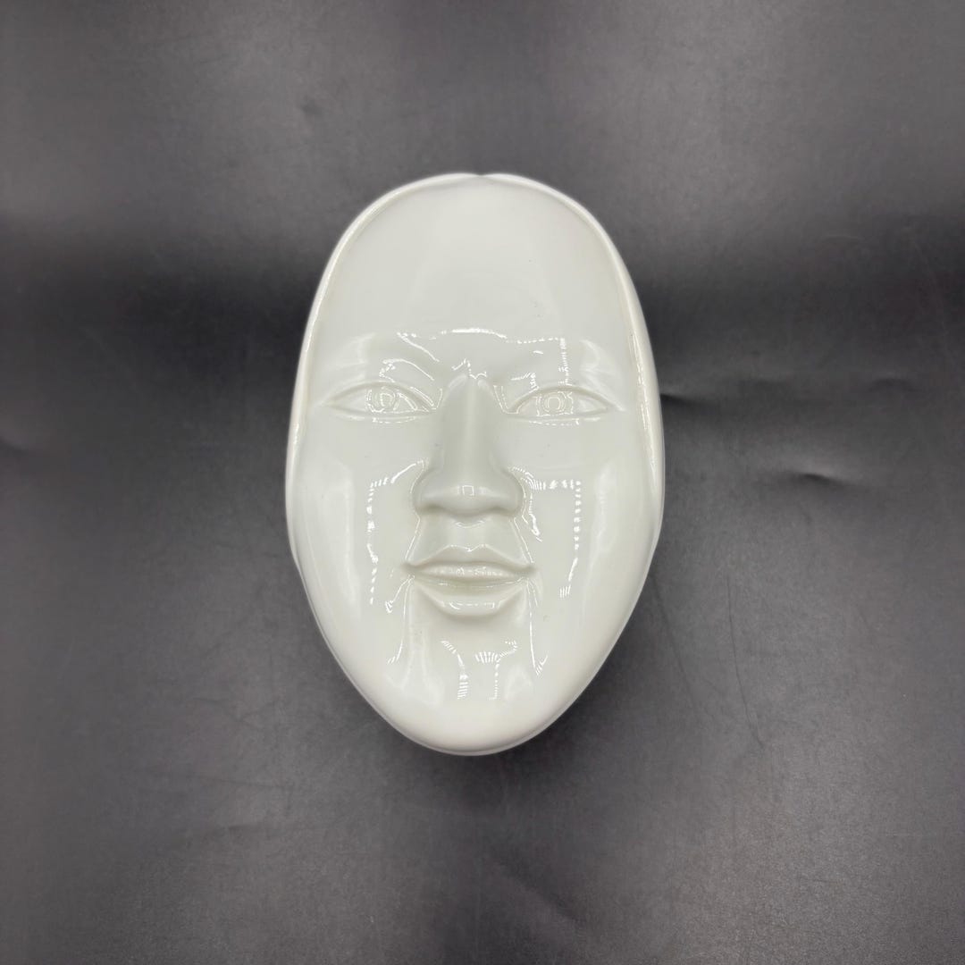 Vintage White Porcelain Noh Mask Oriental Oval Trinket Box, Asian Face ...