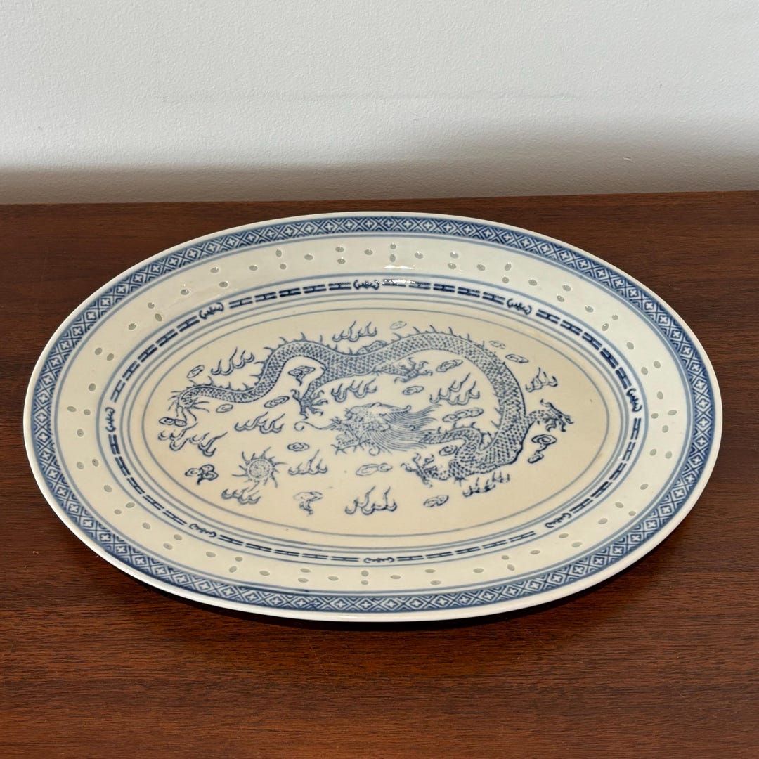 Vintage Chinese Porcelain Blue & White Rice Pattern Dragon Oval Serving ...