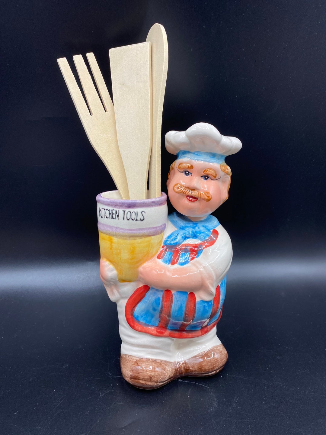 Vintage Ceramic Cheerful Chef Baker Utensil Holder Bobble Head, Kitchen ...