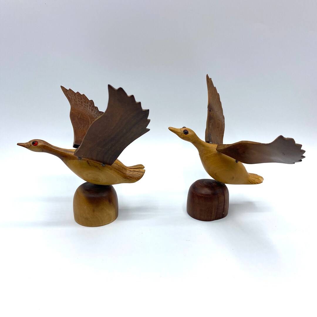 Vintage MCM Carved Wood Flying Geese Figurines, Carved Wood Geese Set ...