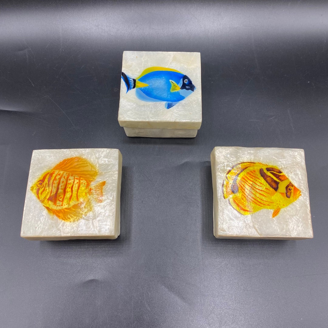 Vintage Capiz Shell Square Trinket Boxes With Handpainted Tropical Tang ...