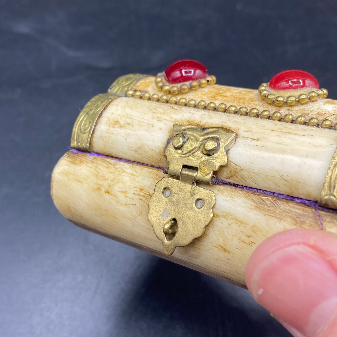 Vintage Handmade Camel Bone Trinket Box With Red Gems Brass Latch and ...