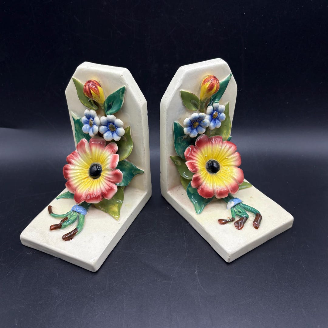 Vintage Wild Flower Capodimonte Italian Pottery Bookends, 3 Dimensal ...