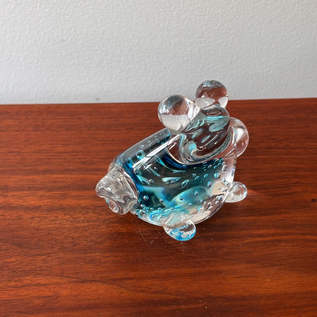 Vintage Art Glass Bullfrog Paperweight: Blue Bullicante Bubble Figurine ...