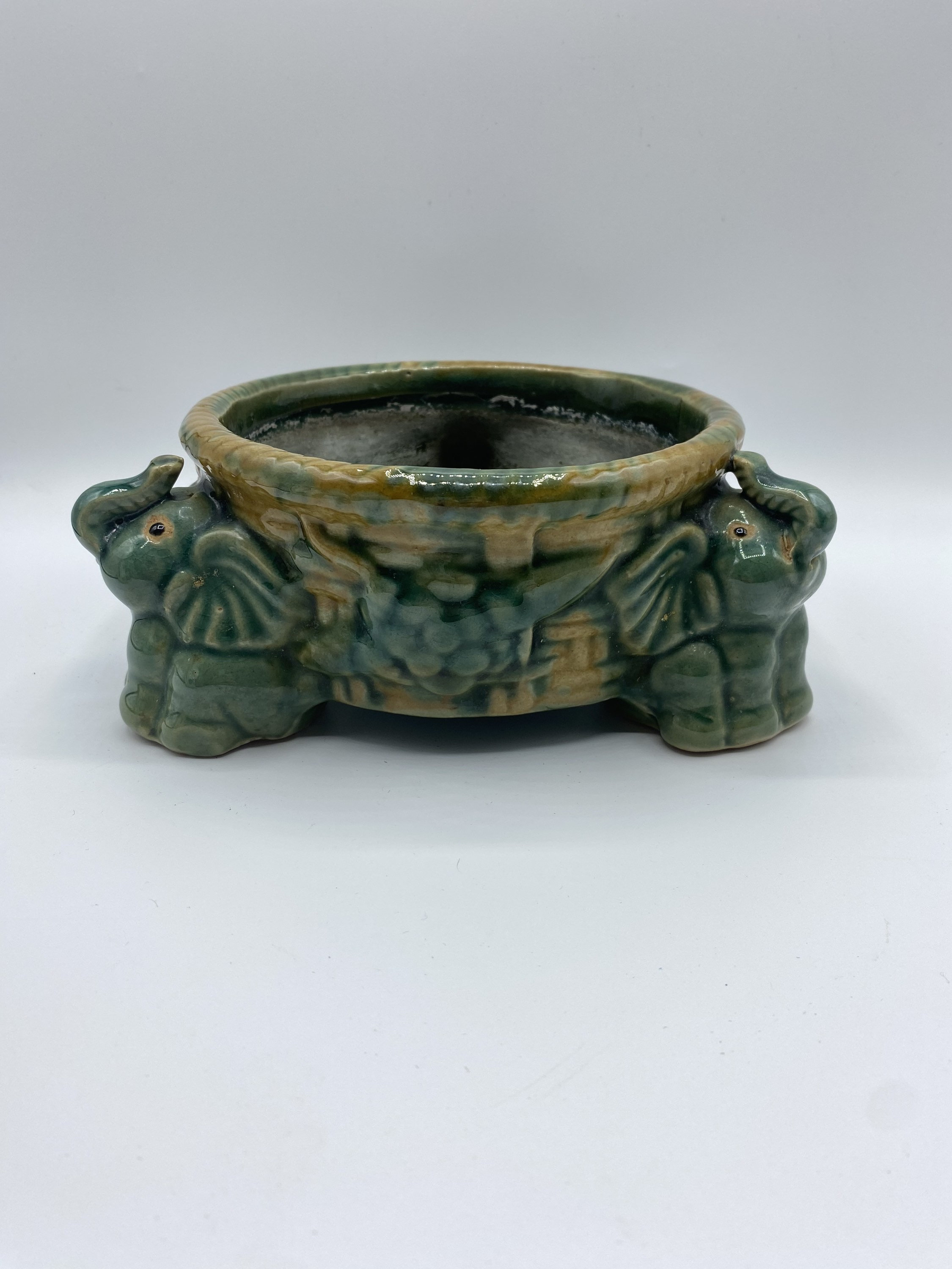 Majolica 3 Elephant Planter Bowl Trunks up Vintage Green - Etsy