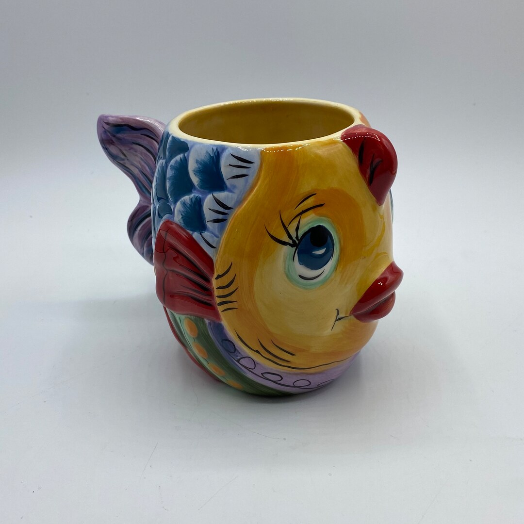 Vintage Dario Farrucci Hand-painted Fish Mug: Colorful Ceramic Planter ...