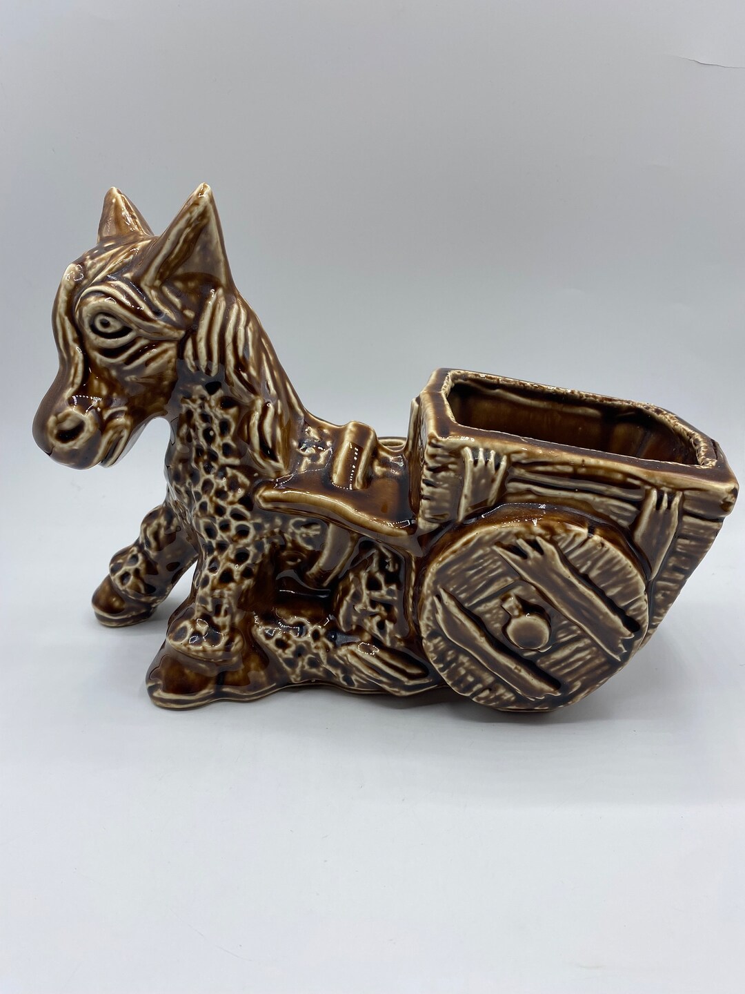 Vintage Brown Glaze Donkey and Cart Planter, Vintage Donkey Planter AS ...