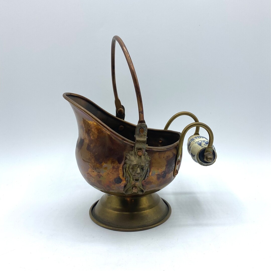 Vintage Brass Lion Head/clawfoot Fire Coal Scuttle With Delft Floral ...