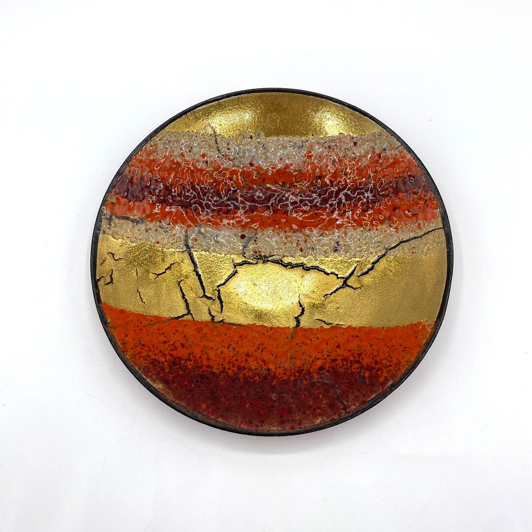 MCM Textured Red, Gold & Black Enamel on Copper Plate 6.5” Vallenti ...