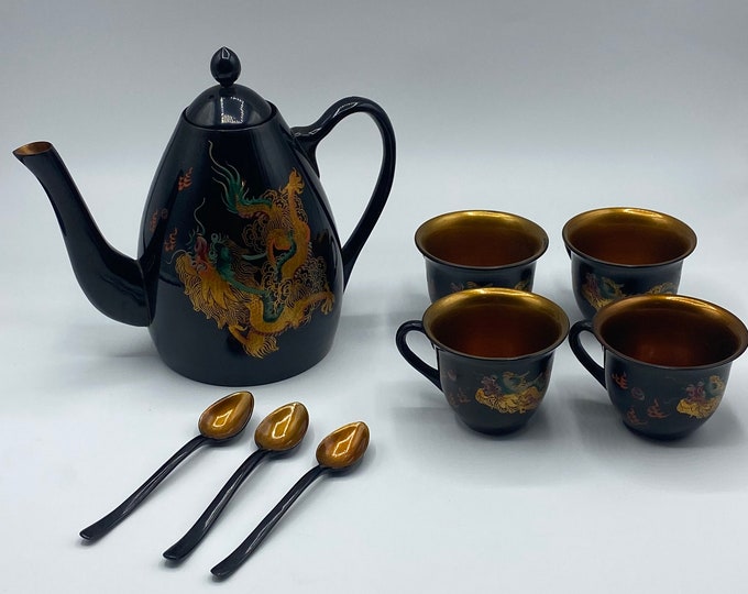 Vintage Chinese Lacquerware Tea Set Hand Painted Foochow Dragon Teapot ...