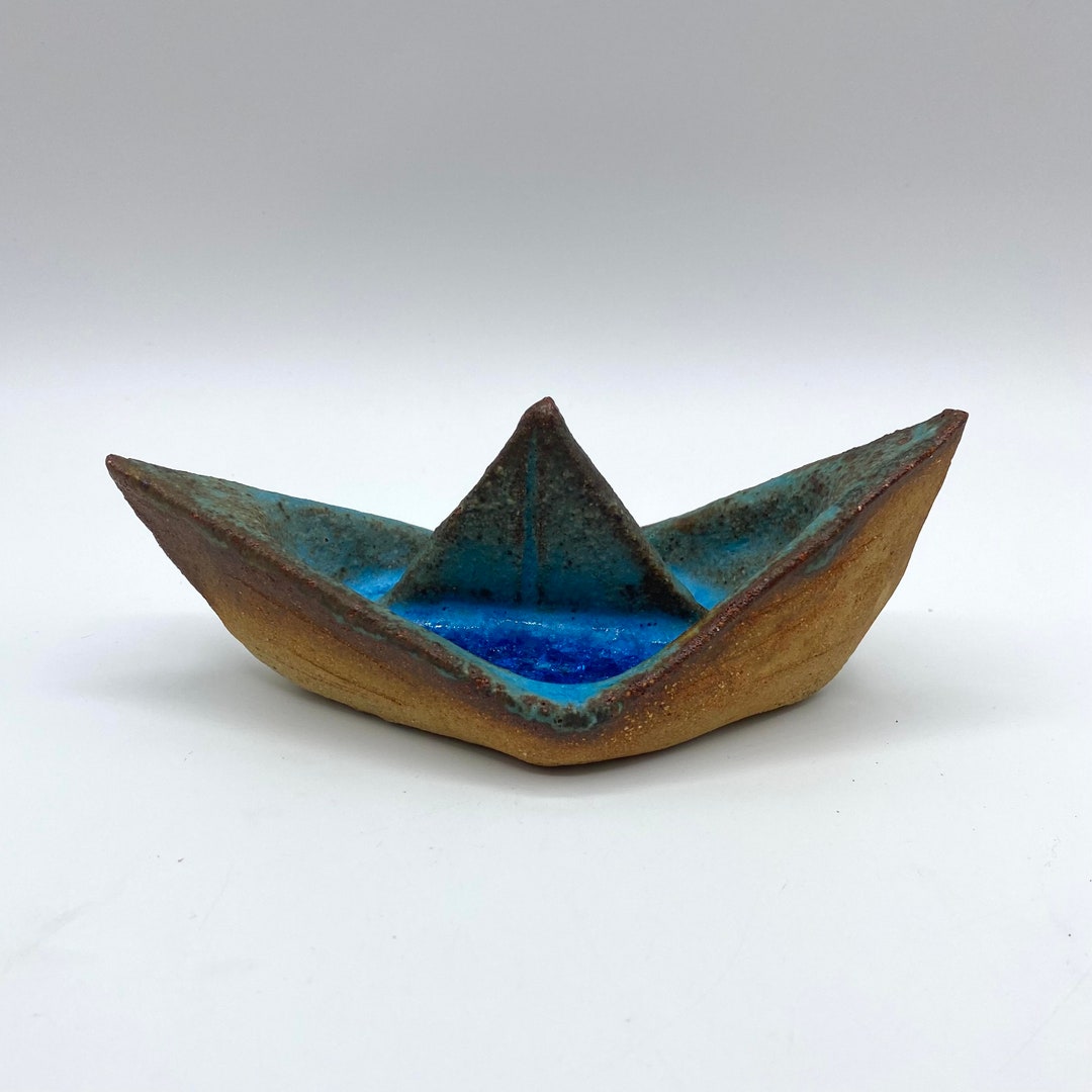Vintage Blue Pottery Stoneware Paper Boat, Origami Pottery Boat ...