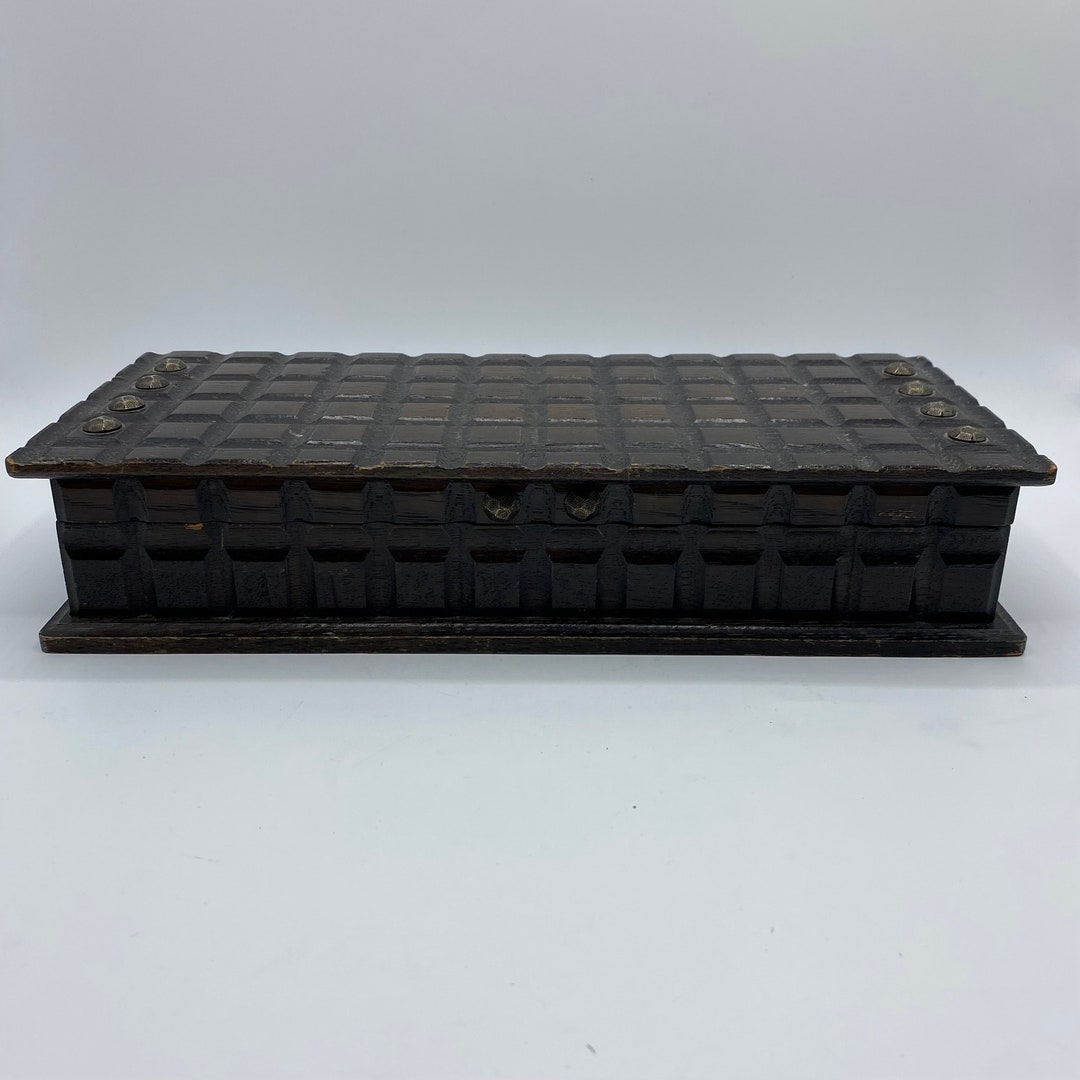 Vintage Dark Wood Hinged Rectangular Jewelery Box Yellow Felt Lined ...