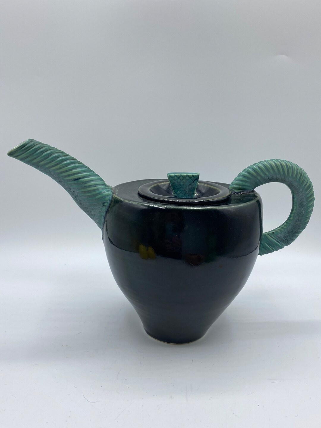 Vintage Studio Art Pottery Tea Pot Two Tone Green With Textured Twisted ...